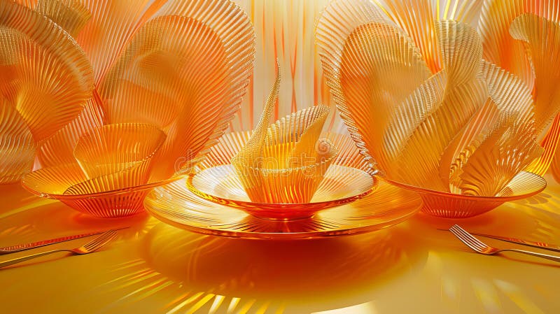 Elegant Table Setting with Modern Plastic Dinnerware Glowing in Yellow ...