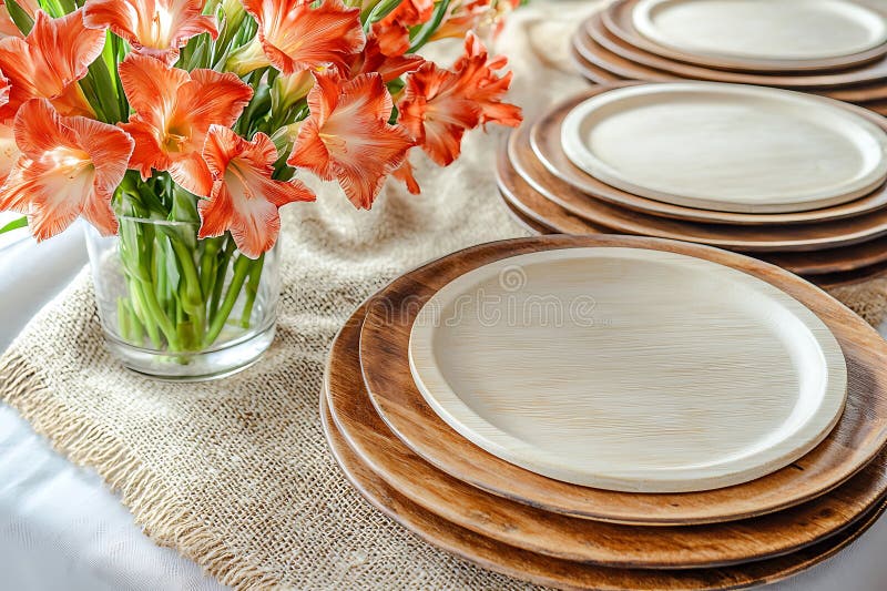 Elegant Table Setting with Orange Gladiolus and Stacked Plates a ...