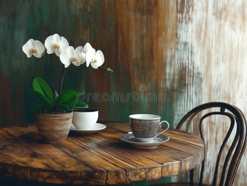 Elegant Table Setting with Orchids and Coffee in a Cozy Cafe Stock ...