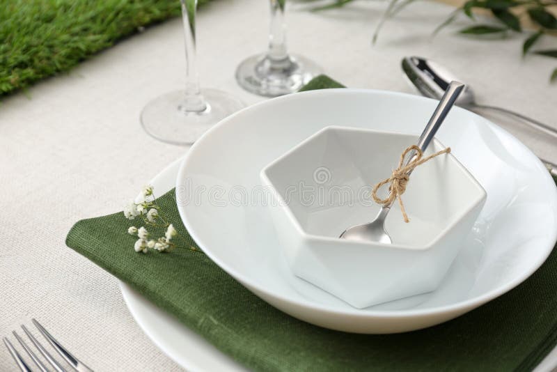 Elegant Table Setting with Plants, Closeup View Stock Image - Image of ...