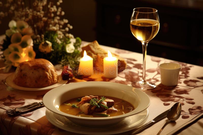 Elegant Table Setting with Soup As Main Course Stock Illustration ...