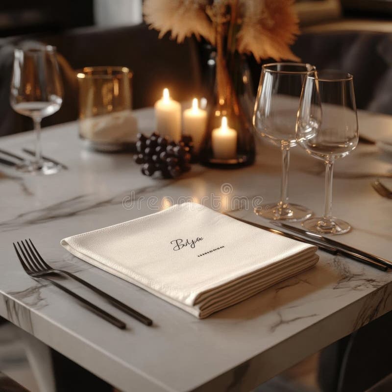 Elegant Table Setting with White Napkin and Black Cutlery Stock ...