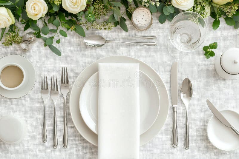 Elegant Table Setting with White Napkin on Black and White Dinner ...