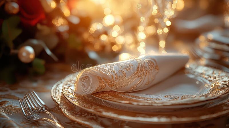 Elegant Table Setting with White Napkins and Gold Trimmed Plates ...