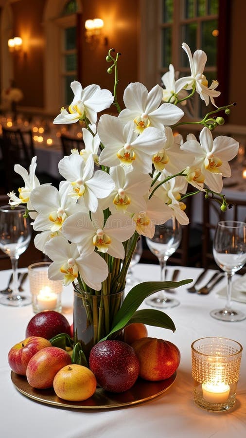 Elegant Table Setting with White Orchids and Assorted Fruits Stock ...