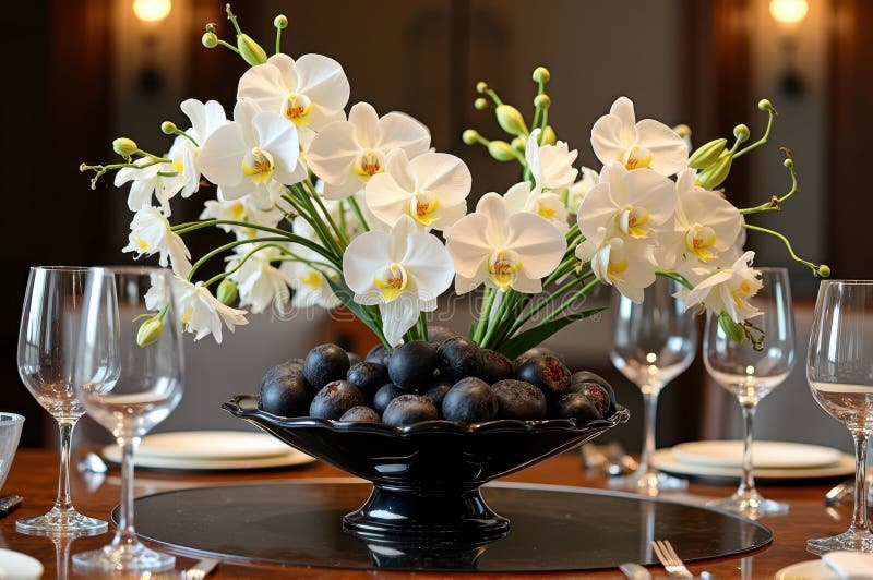 Elegant Table Setting with White Orchids and Black Plums in a ...