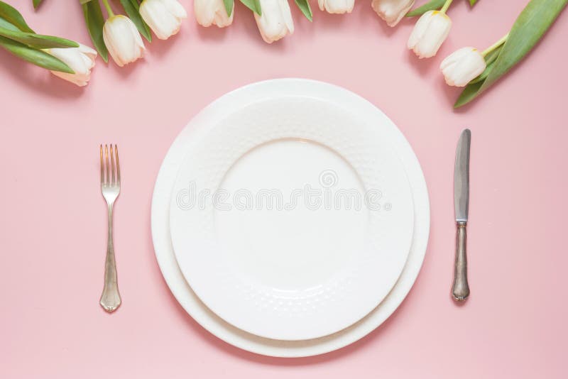 Elegant Table Setting with White Tulip on Pink Table. Romantic Spring ...