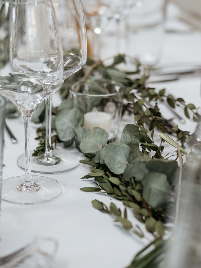 Elegant Table Setting with Eucalyptus Stock Photo - Image of reception ...