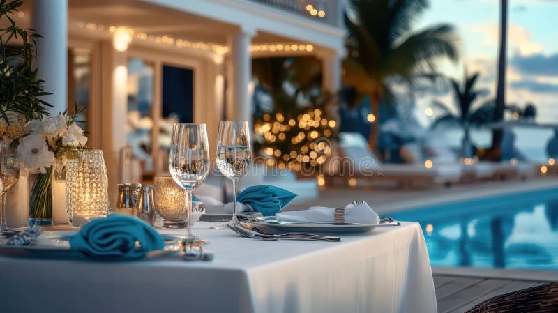 Elegant Tables Arranged for a Poolside Dinner at a Luxurious Resort ...