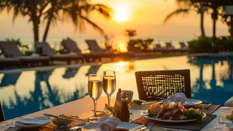 Elegant Tables Set for Dining at Hotel Poolside during Sunset Stock ...