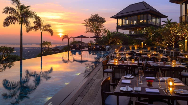 Elegant Tables Set for Dining by the Poolside at Sunset Stock ...
