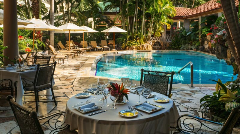 Elegant Tables Set for Dining by the Poolside at Sunset Stock ...