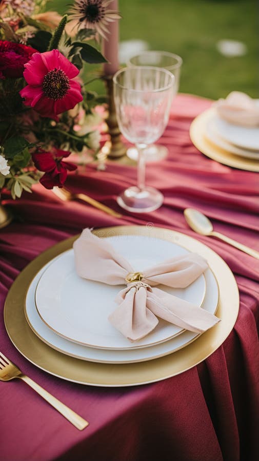 Elegant Tablescape, Formal Dinner Table Setting with Red Roses and Wine ...