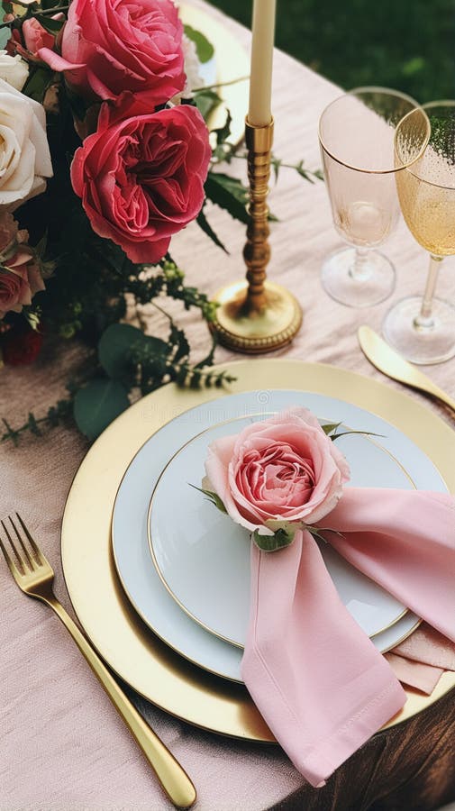 Elegant Tablescape, Formal Dinner Table Setting with Red Roses and Wine ...