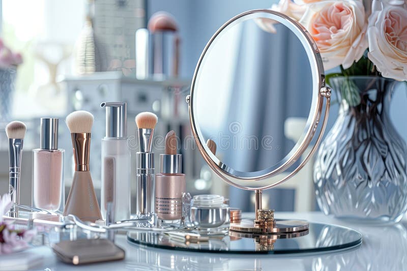 An Elegant Tabletop Mirror Surrounded by Various Cosmetic Products on a ...