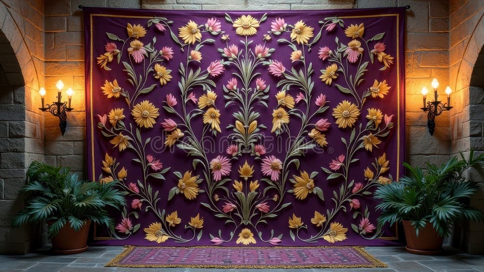 Elegant Tapestry with Floral Patterns and Warm Lighting in a Stone ...