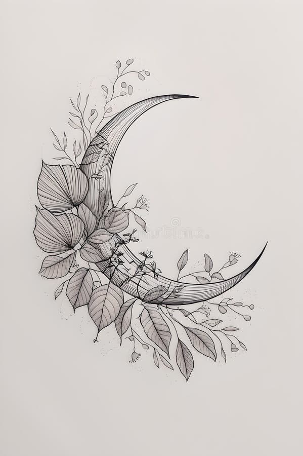 Crescent Moon and Botanical Tattoo Design- Hand Drawn Floral Background ...
