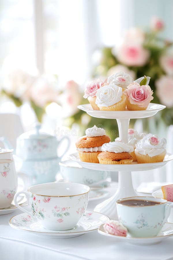 Elegant Tea Party Setting with Cupcakes and Floral Decor Stock Image ...