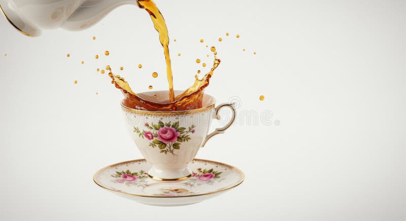 Elegant Tea Pouring into Floral Cup with Splash on White Background ...