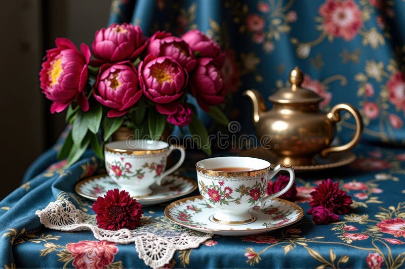 Elegant Tea Set with Floral Pattern on Blue Fabric and Pink Peonies in ...