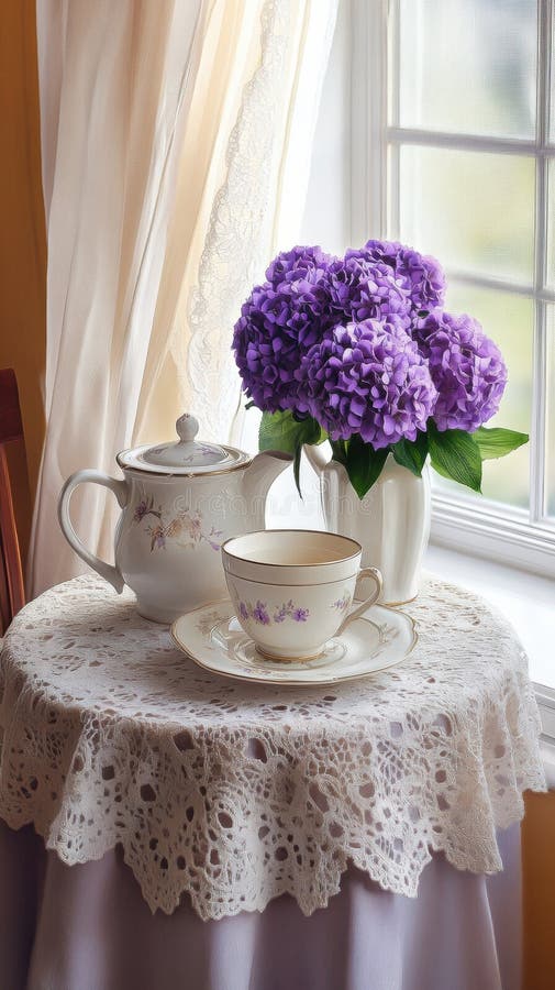 Elegant Tea Set with Purple Hydrangeas by a Sunlit Window, AI Stock ...
