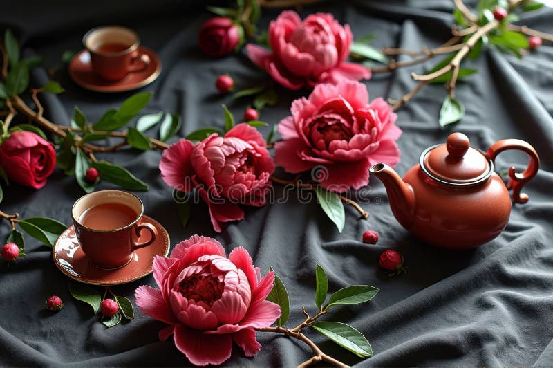 Elegant Tea Set and Vibrant Pink Peonies on Dark Fabric Background ...