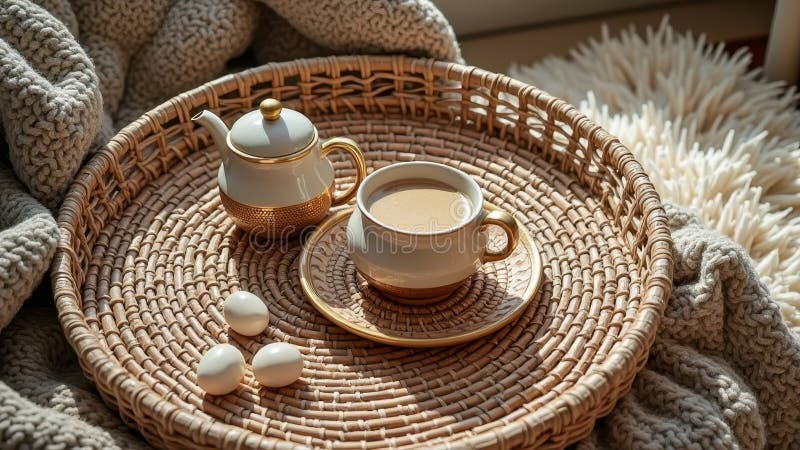 Elegant Tea Set on Wicker Tray with Cozy Blanket and Fuzzy Rug Stock ...