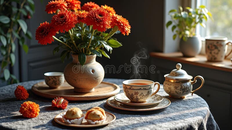 Elegant Tea Setting with Orange Flowers and Vintage Decor on a Sunlit ...