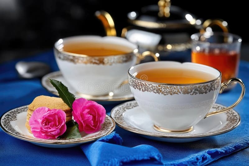 Elegant Tea Setting with Roses and Porcelain Cups on Blue Cloth Stock ...
