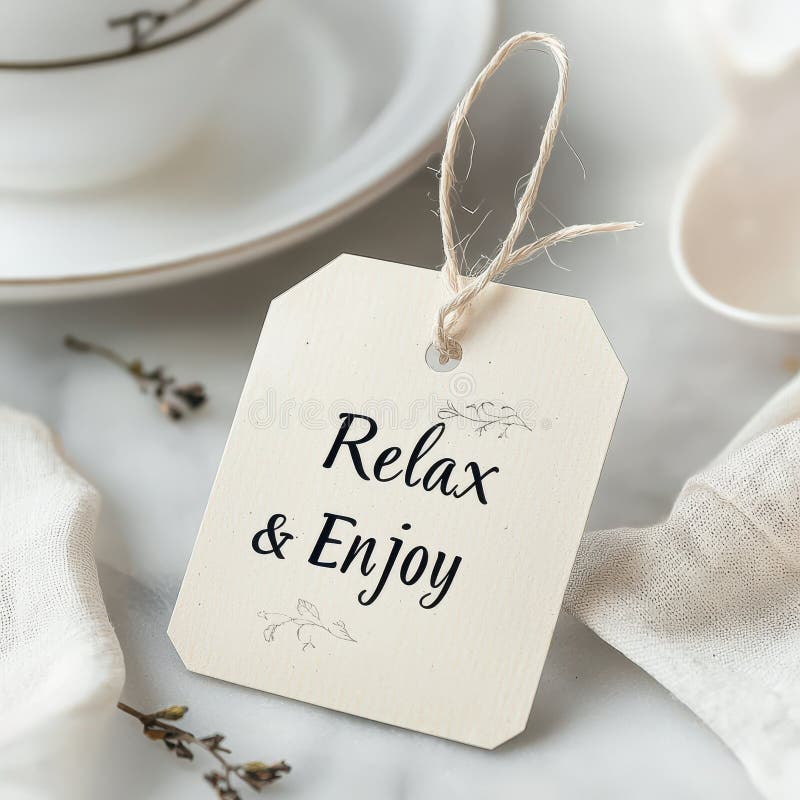 Elegant Tea Setup with "Relax & Enjoy" Tag and Rustic Decor Stock Image ...