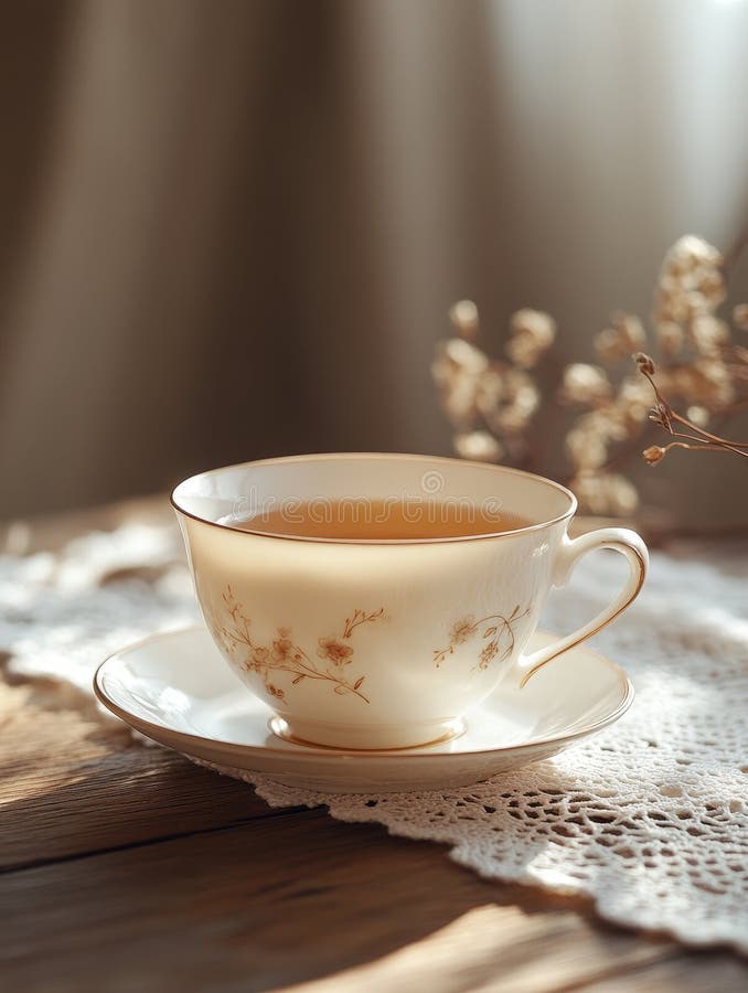Elegant Teacup Filled with Tea on a Lace-covered Table. Stock Image ...
