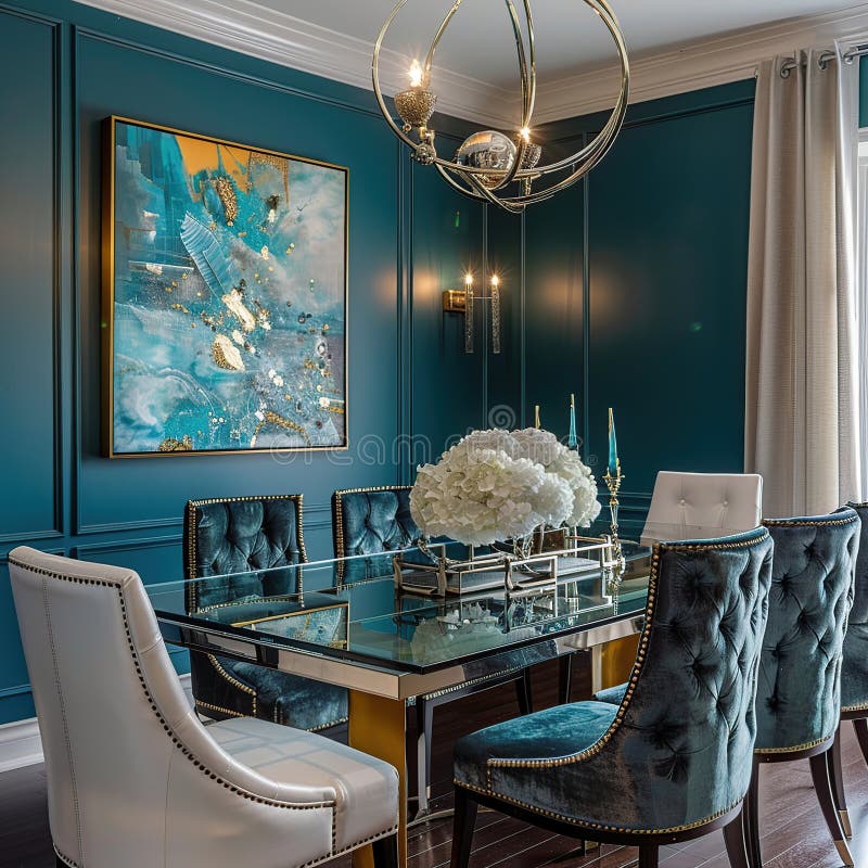 Elegant Teal Dining Room Interior Design Stock Photo - Image of design ...