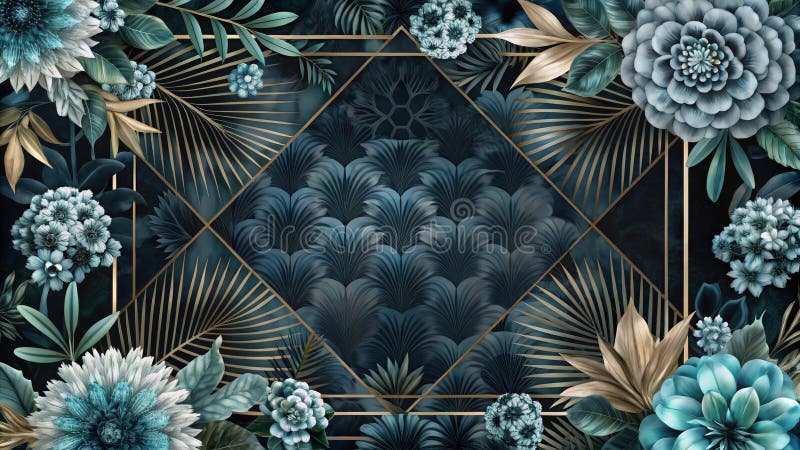 Elegant Teal Floral Design with Geometric Gold Frame. Generative AI ...