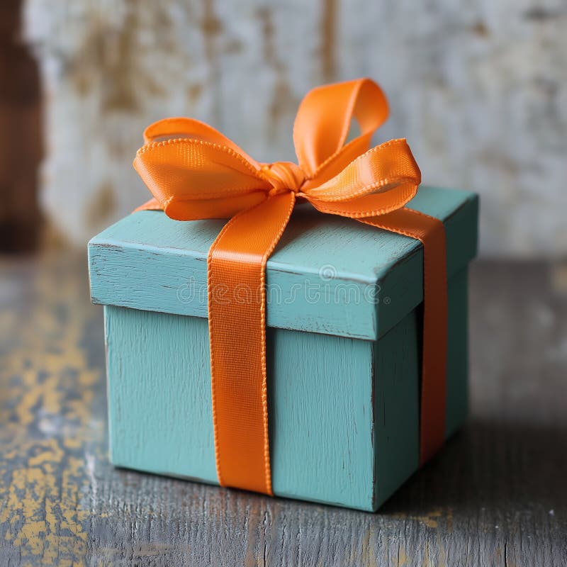Elegant Teal Gift Box with Bright Orange Ribbon on Rustic Background ...