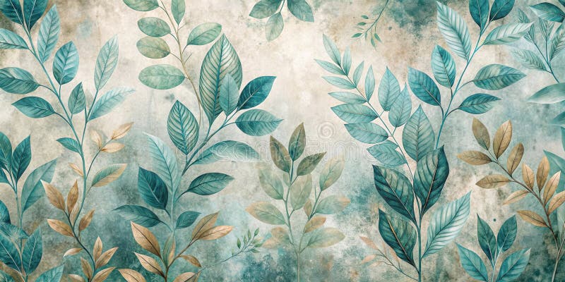Elegant Teal and Gold Botanical Leaf Pattern on Textured Background for ...