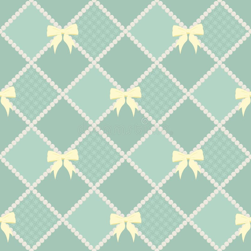 Seamless Checkered Pattern with Pearls and Yellow Ribbon Bows on Teal ...