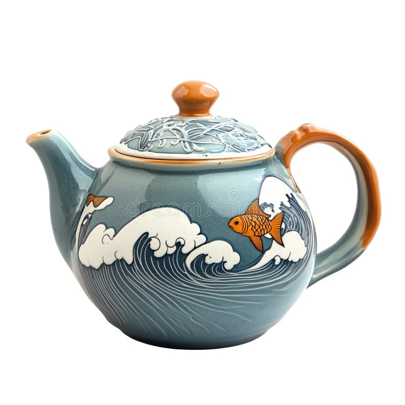 Elegant Teal Teapot with Koi Fish and Waves Design Stock Illustration ...