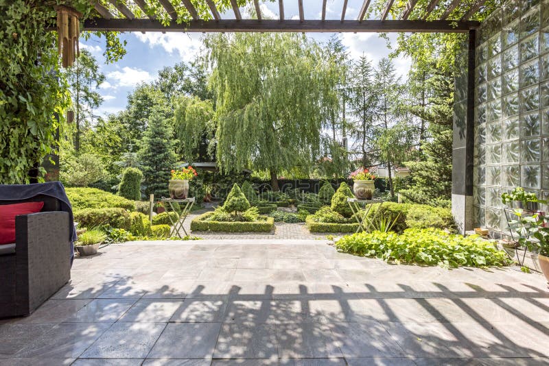 Elegant Terrace and a Big Garden Stock Image - Image of outside ...