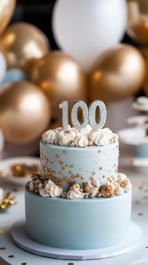 Elegant 100th Anniversary Cake with Gold and White Balloons for ...