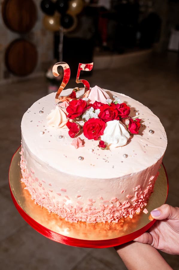 Elegant 25th Birthday Cake Adorned with Fresh Roses and Decorations ...