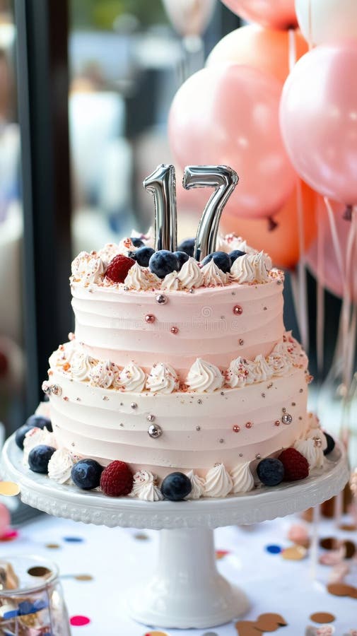 Elegant 17th Birthday Cake with Berries and Balloons for Celebration ...