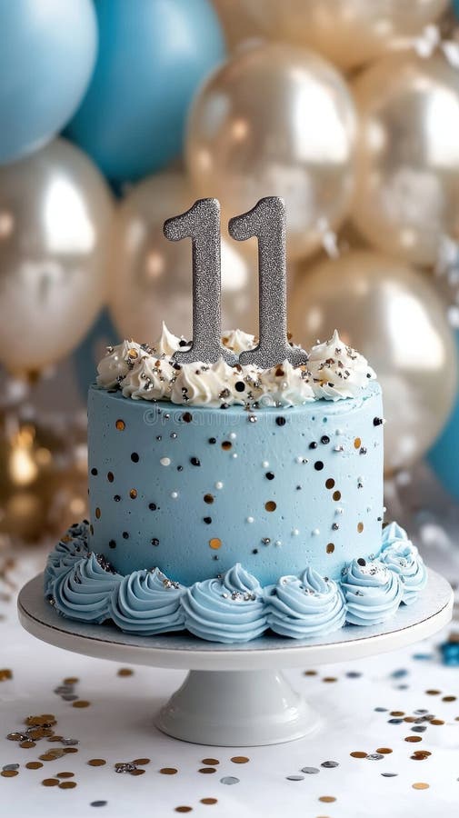 Elegant 11th Birthday Cake with Silver Decorations and Balloons for ...