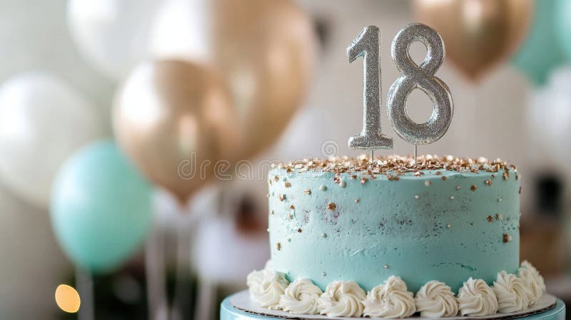 Elegant 18th Birthday Celebration with Blue Cake and Festive Balloons ...