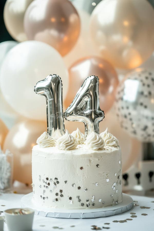 Elegant 14th Birthday Celebration with Cake and Balloons Stock ...