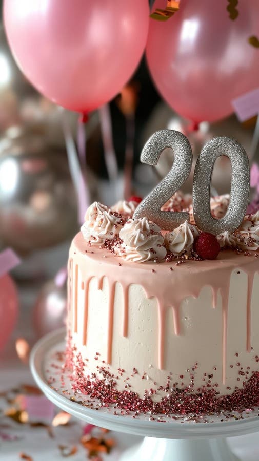 Elegant 20th Birthday Celebration with Pink Drip Cake and Balloons ...