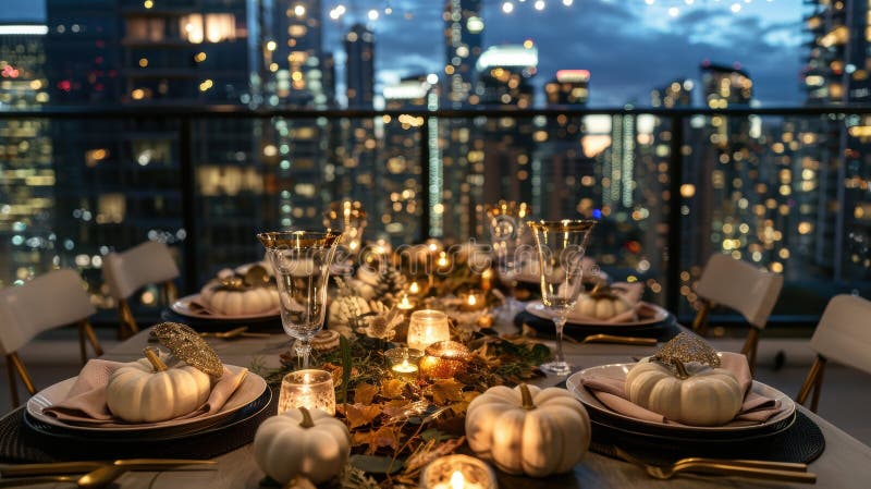 Elegant Thanksgiving Dinner on Rooftop Terrace with Panoramic City ...