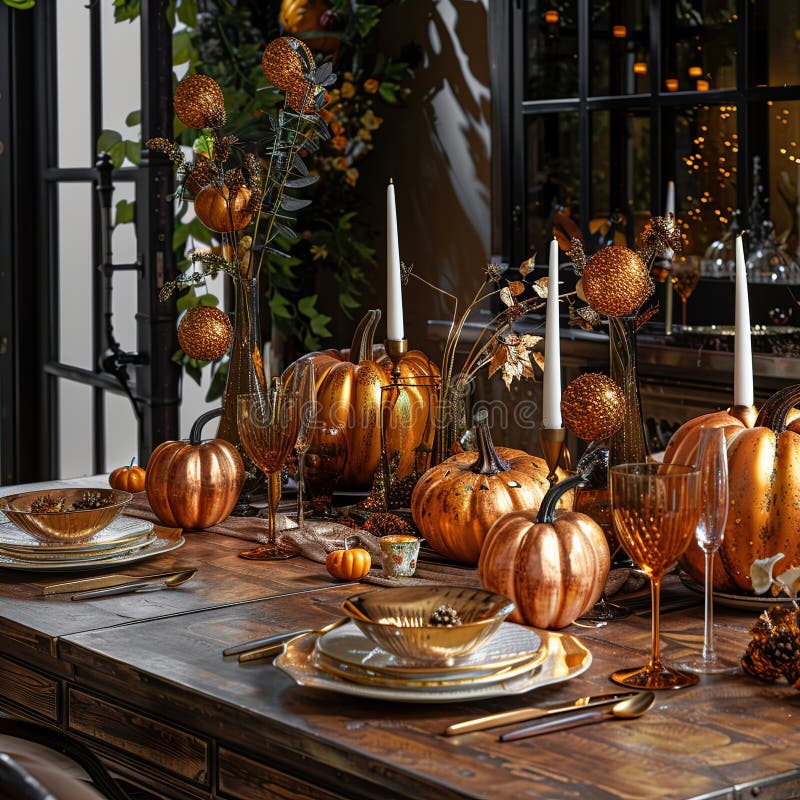 Elegant Thanksgiving Dinner Table with Pumpkin Decor Stock Illustration ...