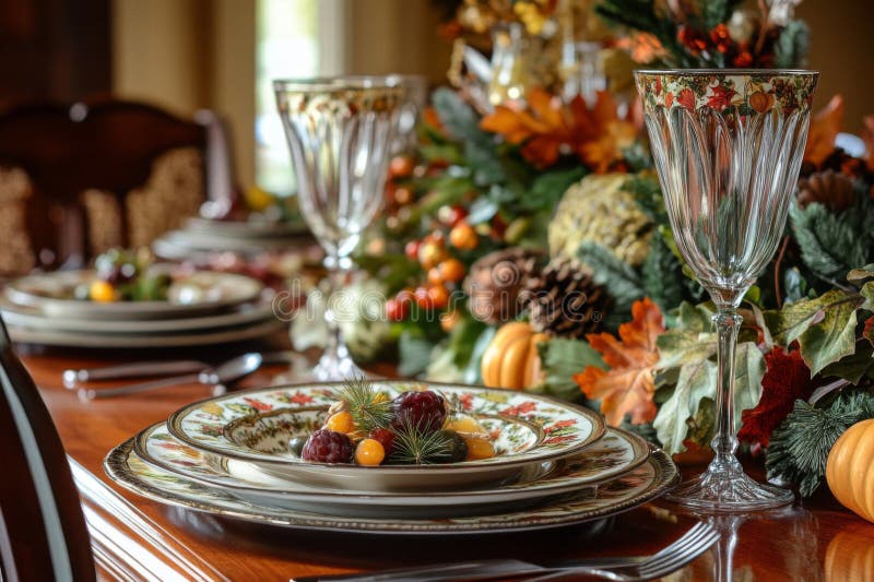 Elegant Thanksgiving Table Setting with Fruit and Fall Decor Stock ...