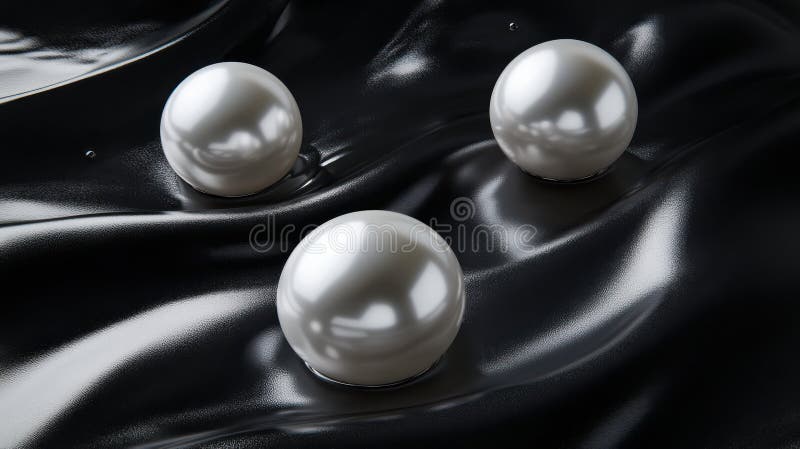 Elegant Three Pearls Resting on Luxurious Black Silk Fabric Surface ...