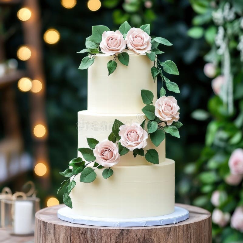 Elegant Three Tier Wedding Cake Pink Roses Greenery Stock Photos - Free ...